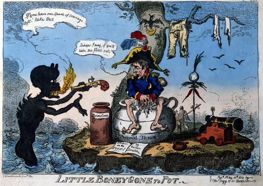 English cartoon depicting Emperor Napoleon I in exile on Elba Island ...