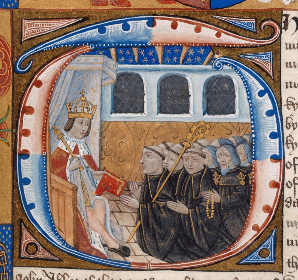 Historiated Initial depicting King Henry VII receiving the book ...