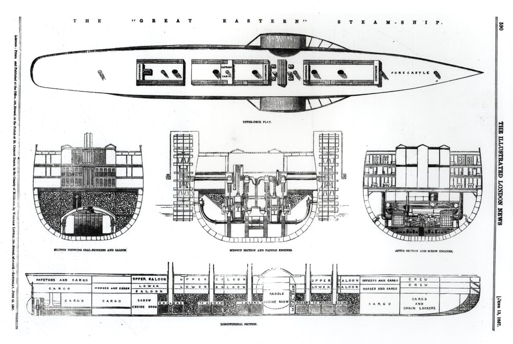 Plan and cross sections of the Great Eastern steamship, 1857