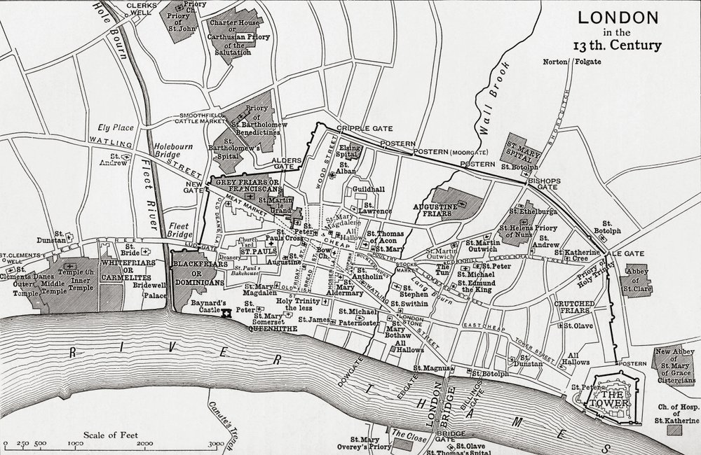 Plan of London in the 13th Century, from 'A Short History of the ...