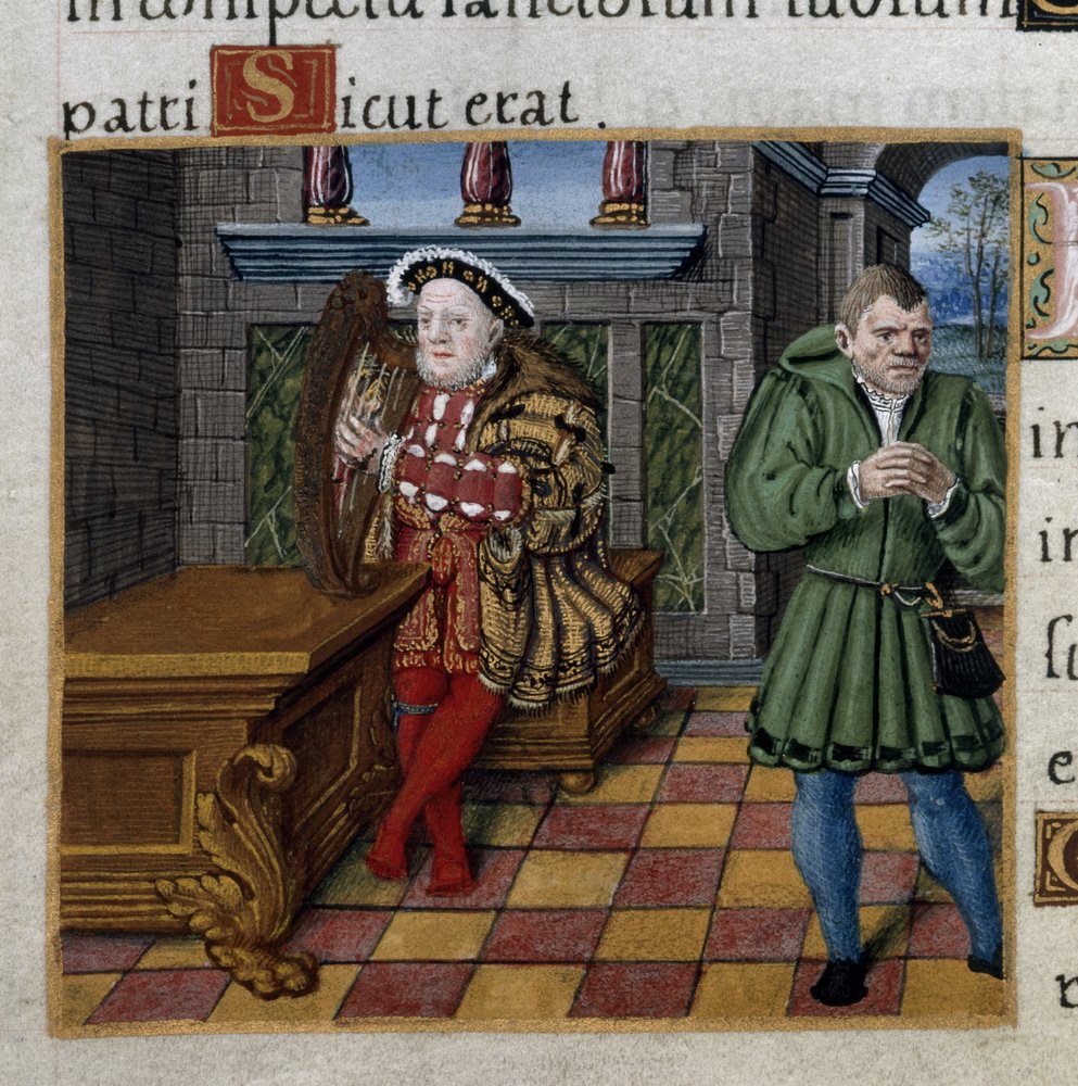 Henry VIII with a harp and his jester, William Somers, Psalm 52, from ...