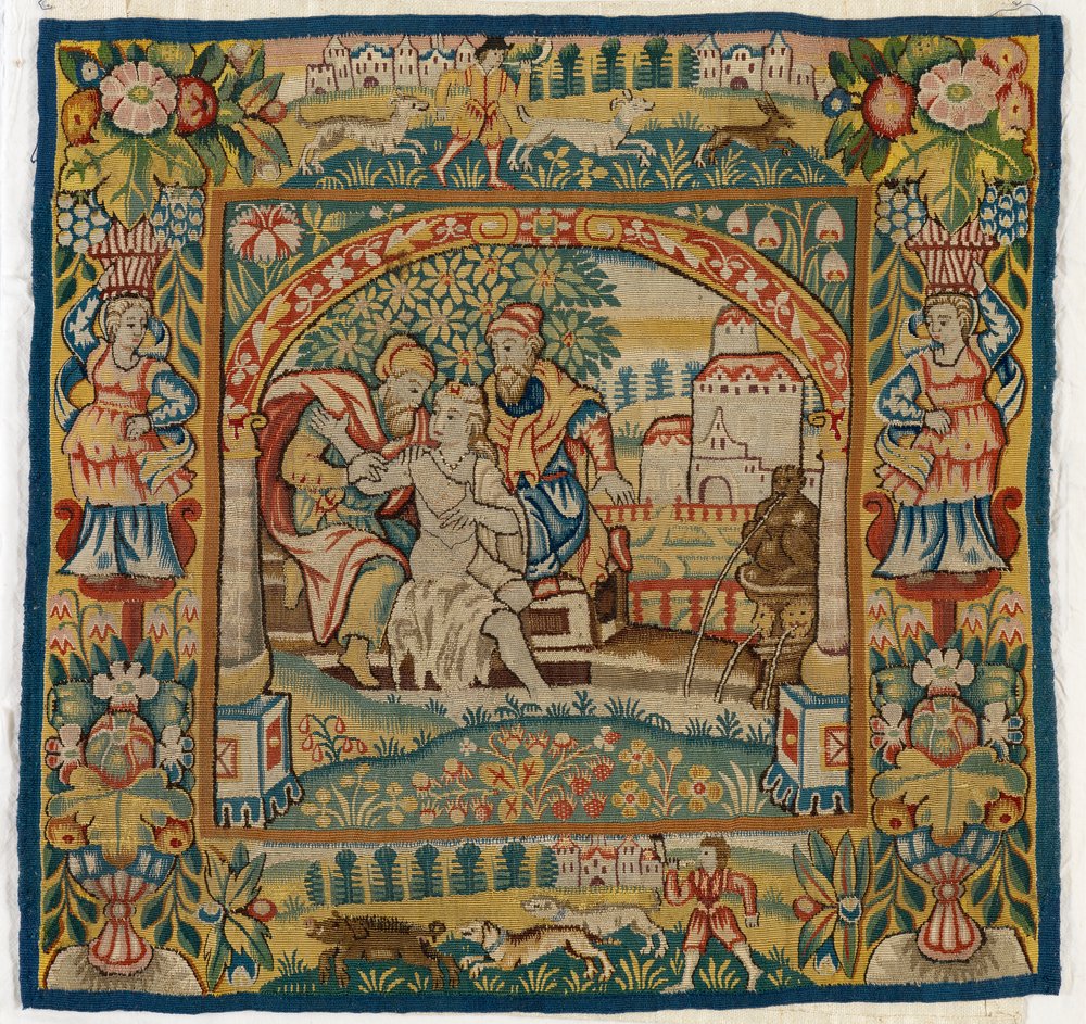 Tapestry cushion cover depicting Susannah at the Bath