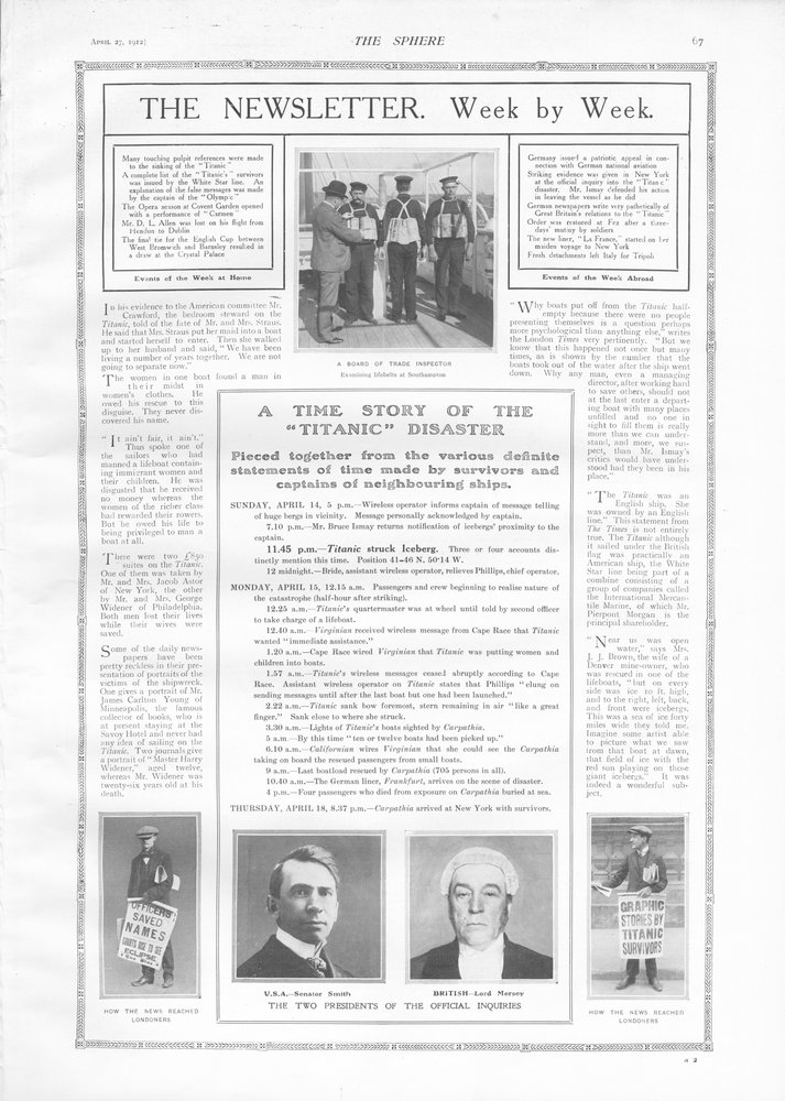 Timeline of events and articles about the sinking of the Titanic, from ...
