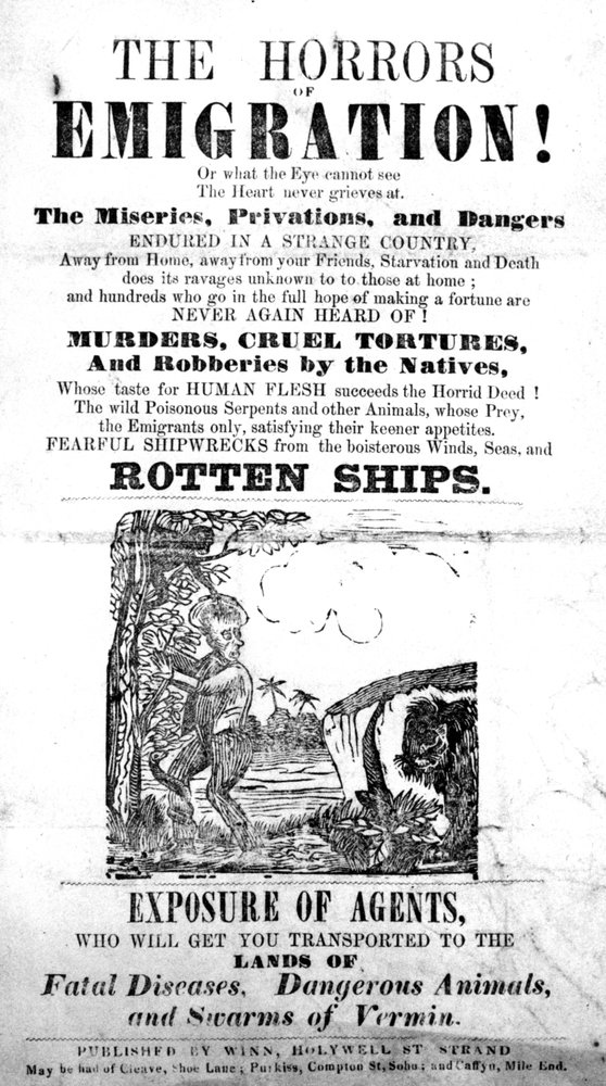 Title page for a pamphlet about The Horrors of Emigration!