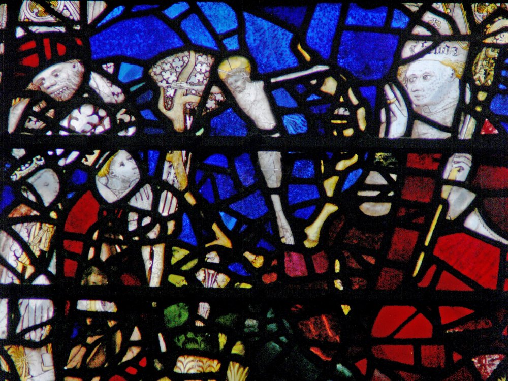 Window depicting St Chad sees a stag with Crucified Christ between its ...