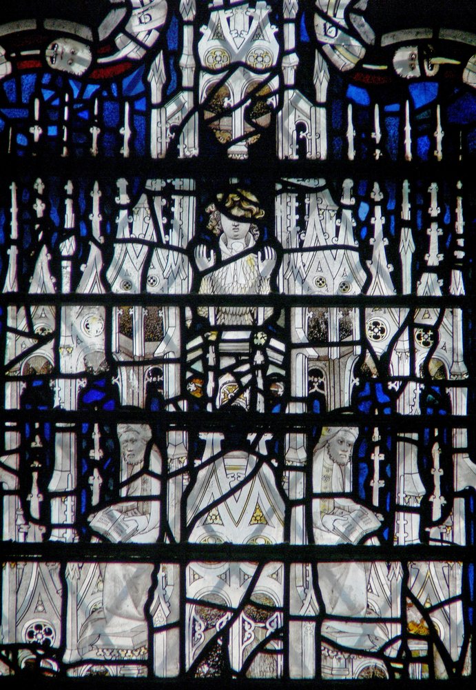 Window depicting a canopy with figures by English School
