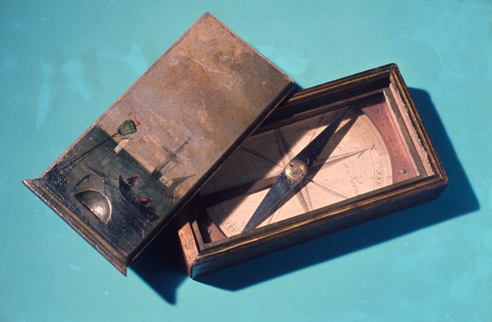 Trough Compass with Decorated Wooden Lid, c.1800