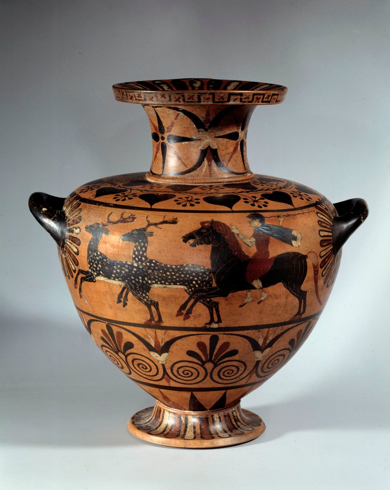 Ceramic hydroe with black figures, called Caere. Face: deer hunting ...