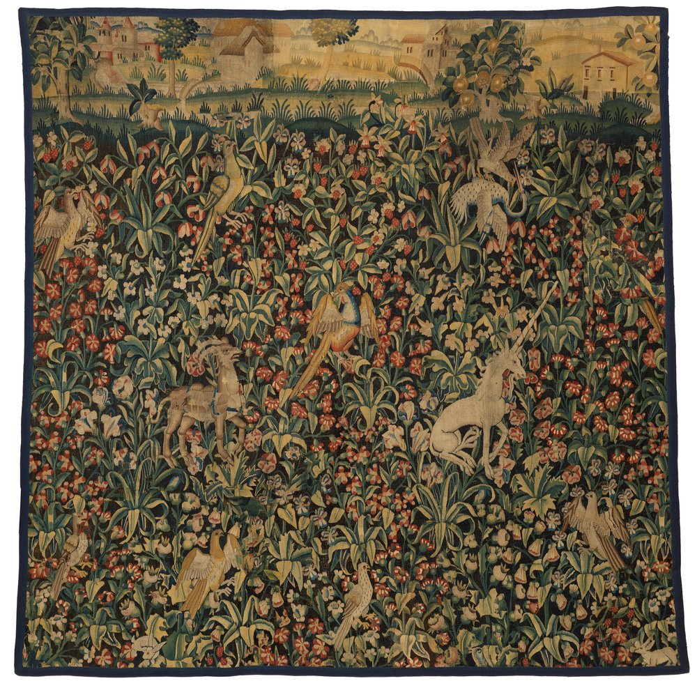 Mille fleurs tapestry fragment depicting animals, birds and landscape