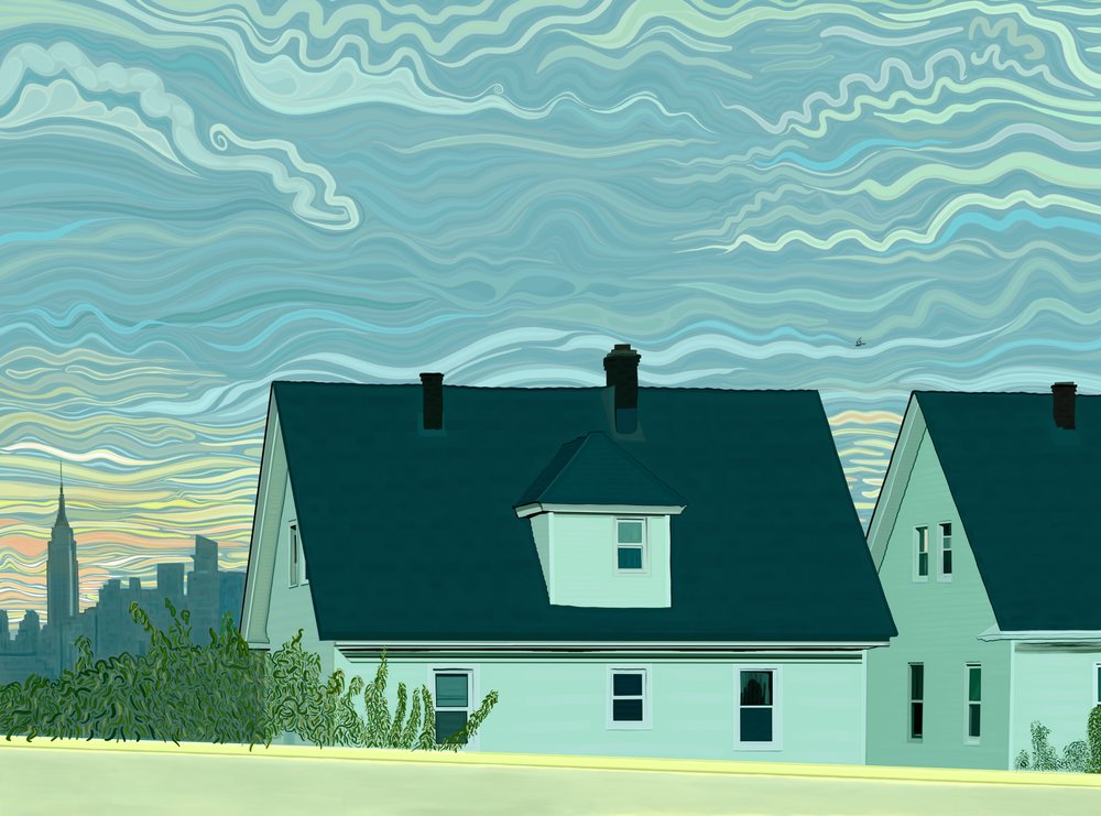 Green Wooden Houses and Manhattan Skyline Seen While Driving the ...