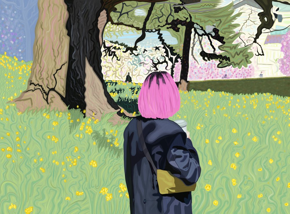 Woman with Pink Hair and Field of Daffodils by Evan Sklar