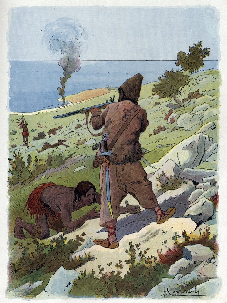 Robinson Crusoe kills the savages who chase Friday