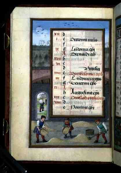 Winnowing Corn in a Barn, illuminated calendar page for August, from a ...