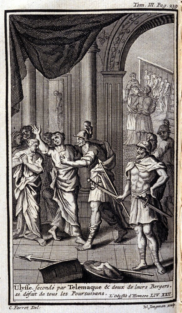 Ulysses seconded by Telemachus and two of their shepherds disband all ...