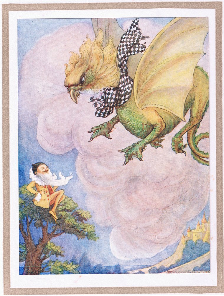 The griffin saw a little yellow man sitting on the top of a tree