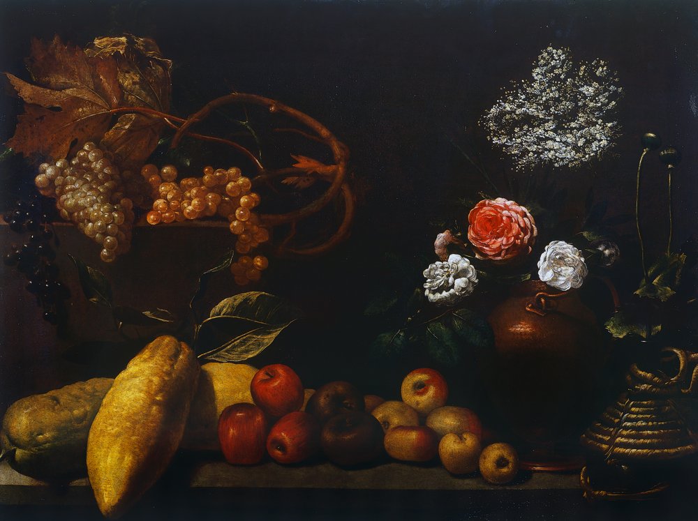 Still life with jug of copper, roses, grapes, elder flowers, citrus and ...