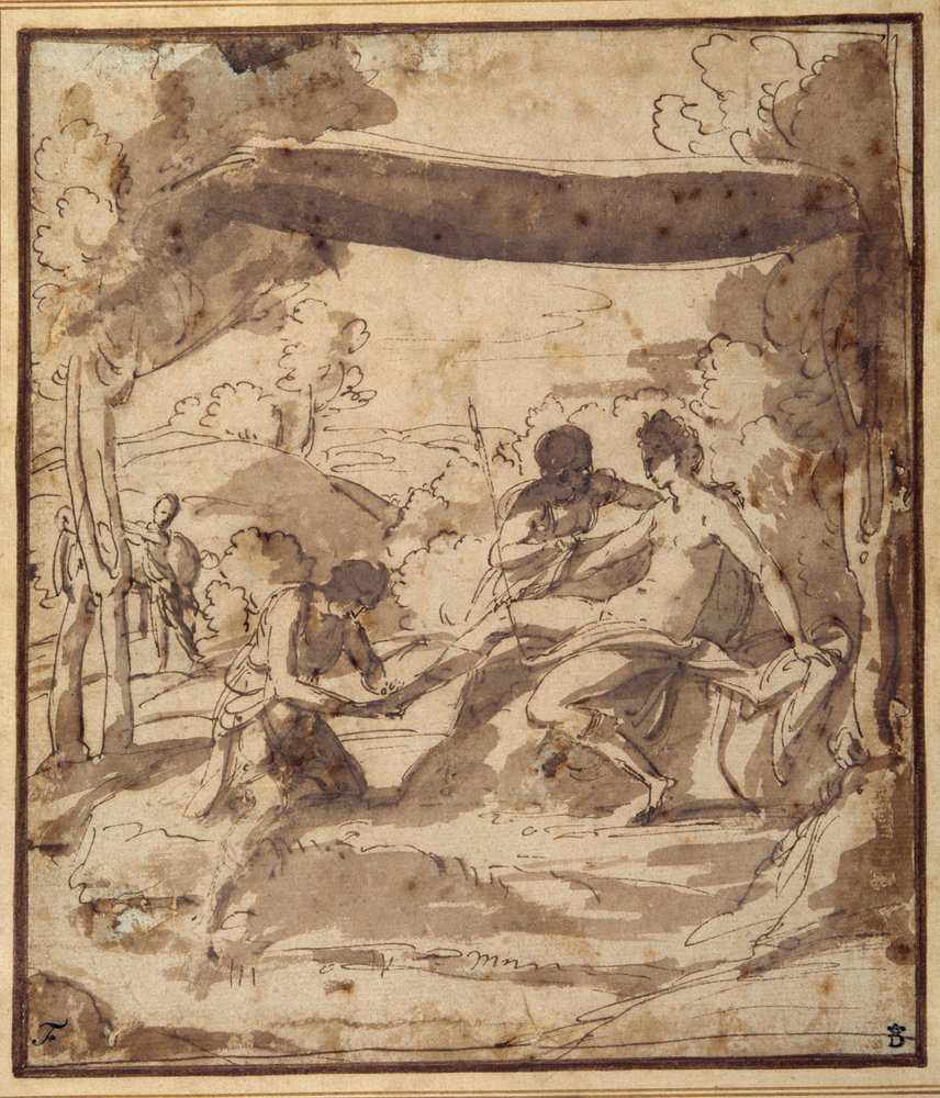Venus, reclining under a rustic canopy, with Adonis fastening her sandal