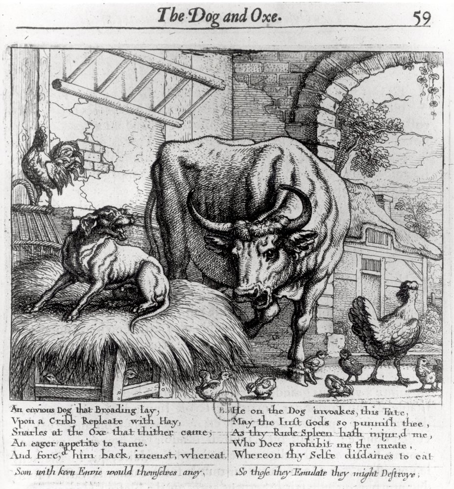 Illustration for 'The Dog and the Ox', from Aesop's Fables, 1666