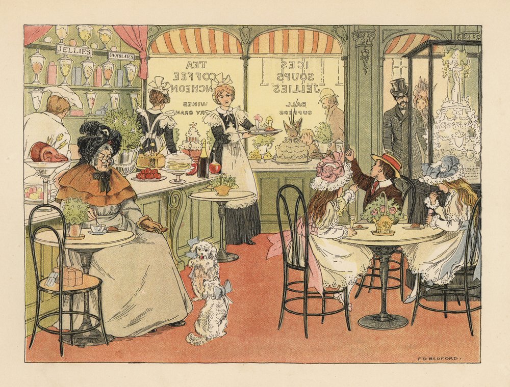 Victorian customers in a tea shop and confectioners. Chromolithograph ...