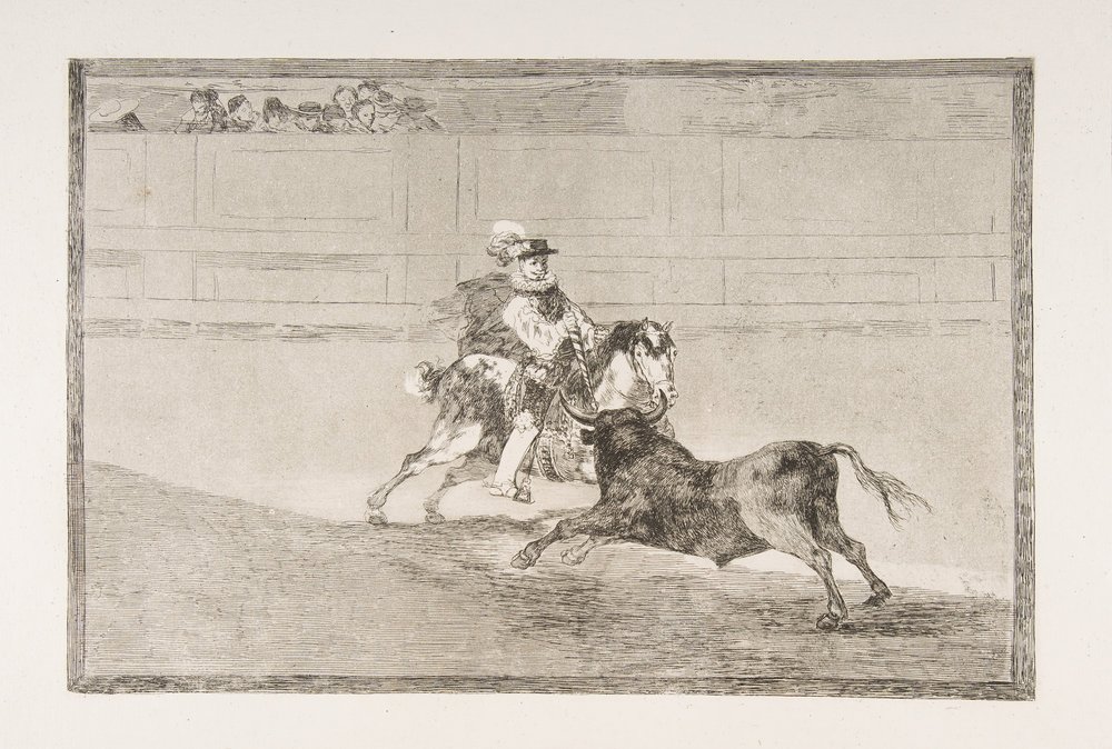 Plate 13 of the 'Tauromaquia': A Spanish mounted knight in the ring ...
