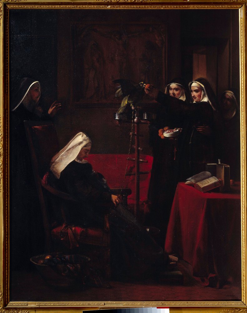 Nuns giving food to the parrot of a sleeping nun