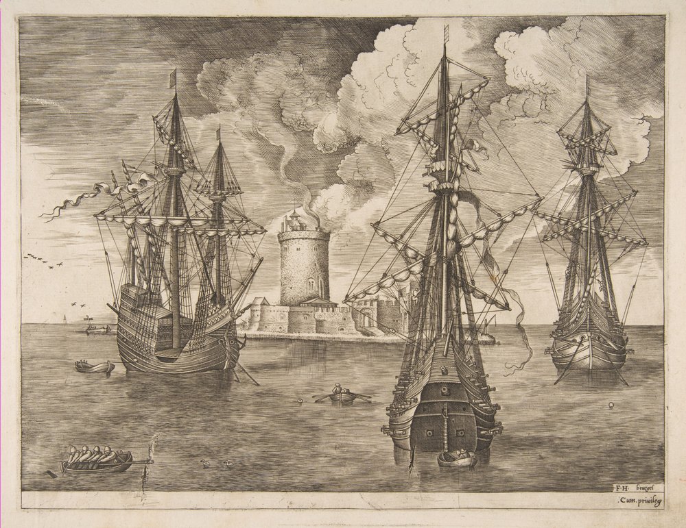 Four-Master Left and Two Three-Masters Anchored near a Fortified Island ...