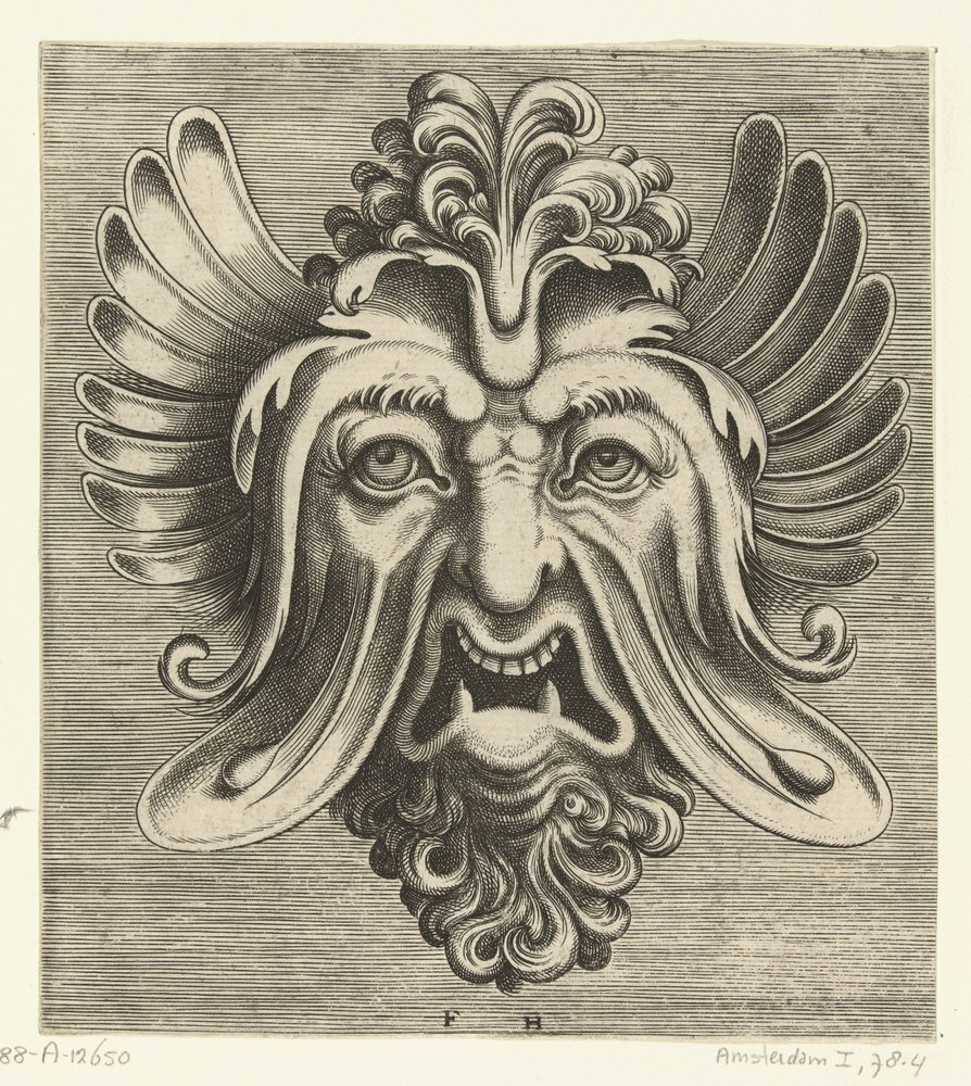 Mask with Sagging Cheeks, Two Pointed Lower Teeth, and a Tuft of Curls ...