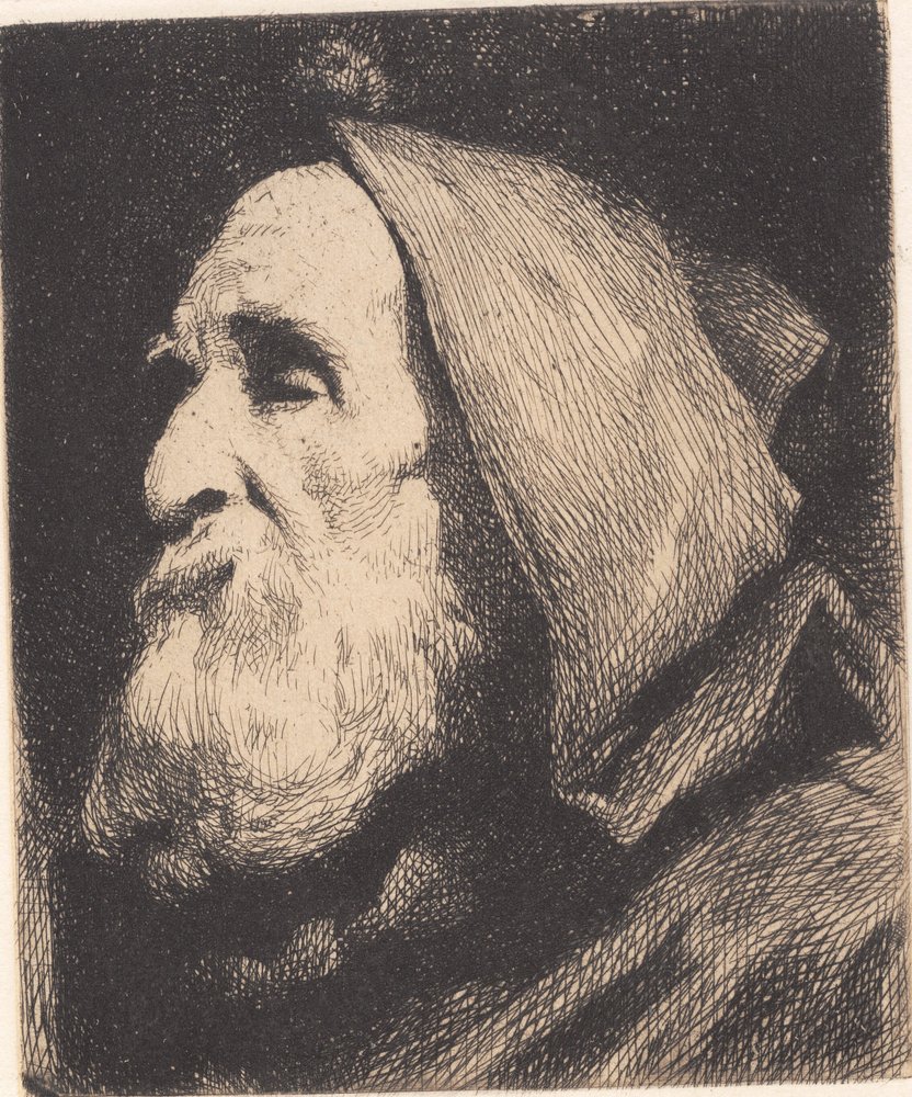 Old Blind Man in Profile with Hood Over Head