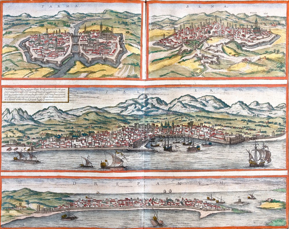 Views of Parma, Siena, Palermo and Trapani (Sicily), Italy