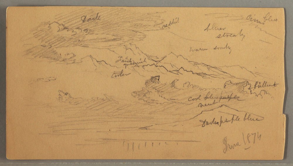 Sharp mountain peaks, cloudy sky, June 1874