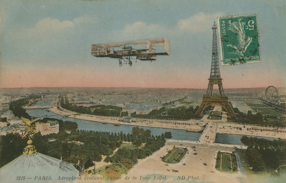 Aeroplane circling around the Eiffel Tower in Paris, France