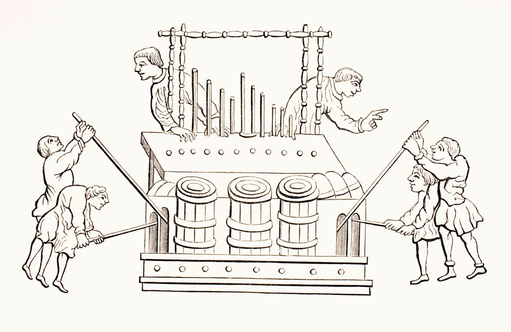 12th Century Bellows Organ with Two Keyboards, from 'Les Arts au Moyen Age'
