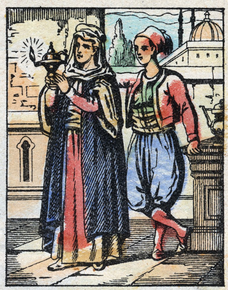 Aladdin wears the magic lamp to his mother. Engraving of the tale of ...