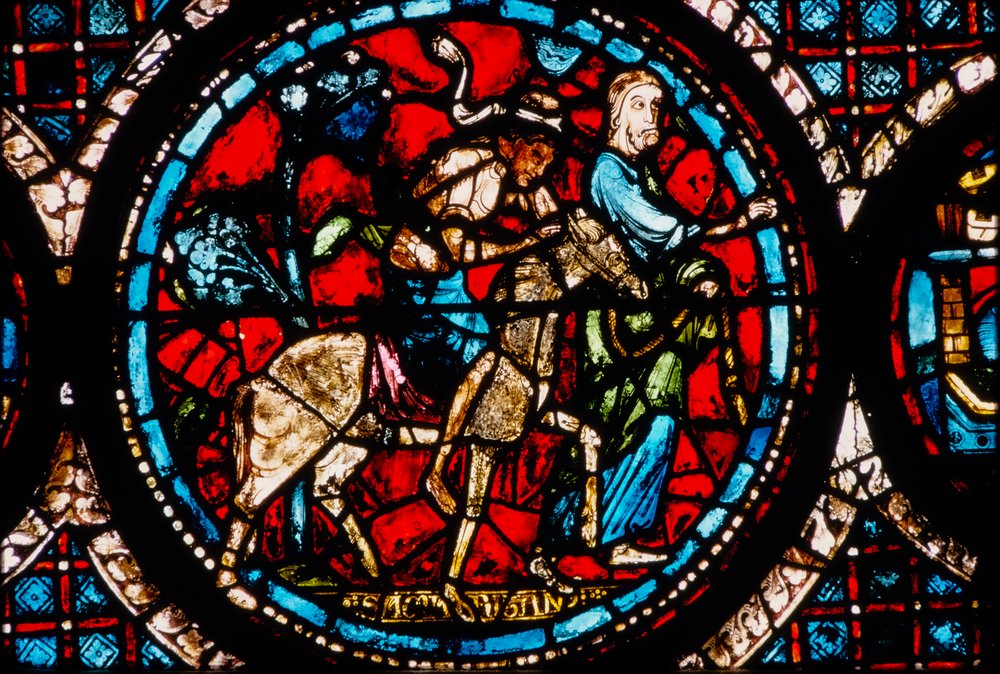 Chartres Cathedral, Stained glass window depicting Circular Good Samaritan
