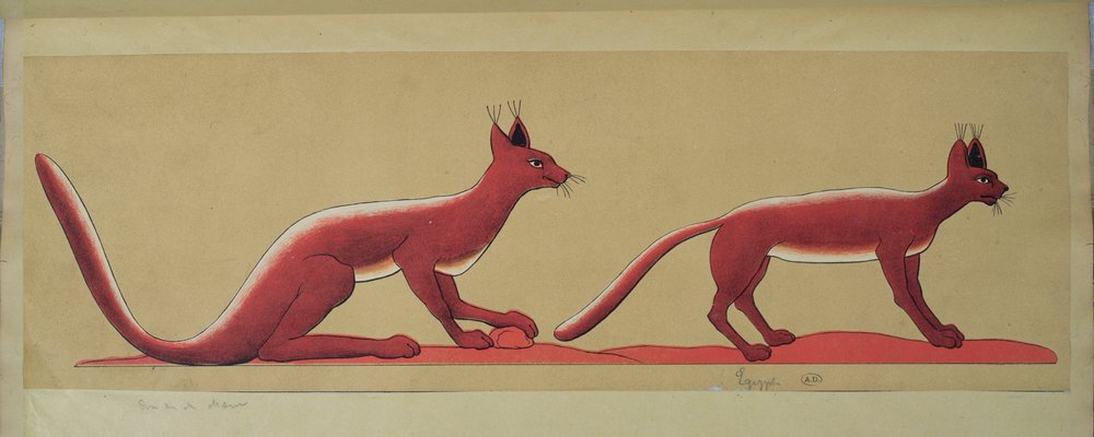 Copy of an original ancient Egyptian wall painting depicting two wild cats