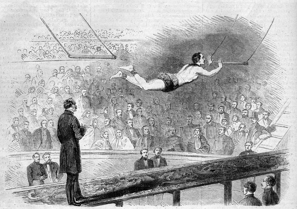 Flying trapeze number by French acrobat Jules Leotard at Cirque de ...