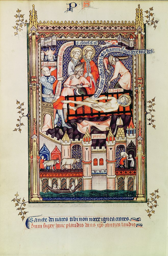 St. Denis being tortured on the rack, from Vie de St. Denis, 1317