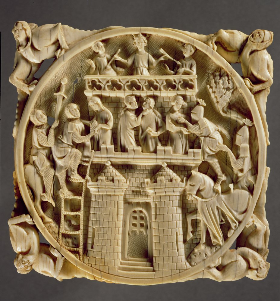 Ivory back of a mirror depicting the God of Love besieged in his castle