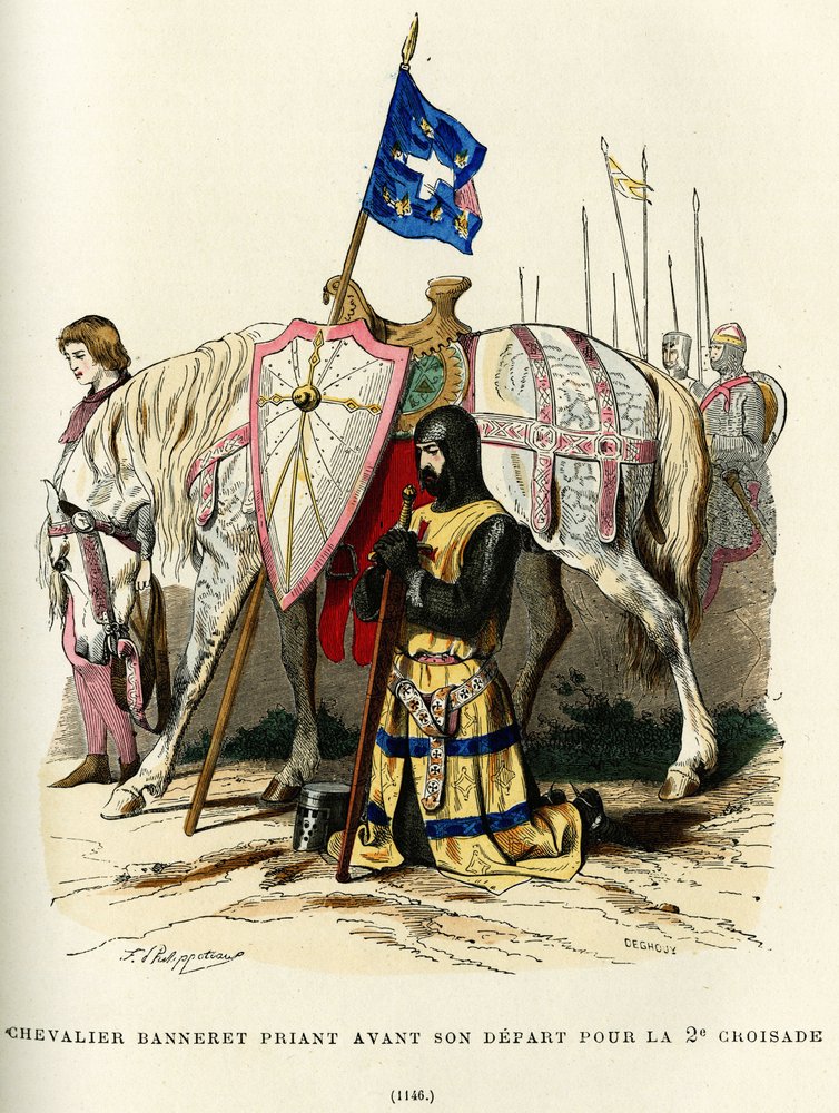 Knight banneret praying before his departure for the second crusade ...