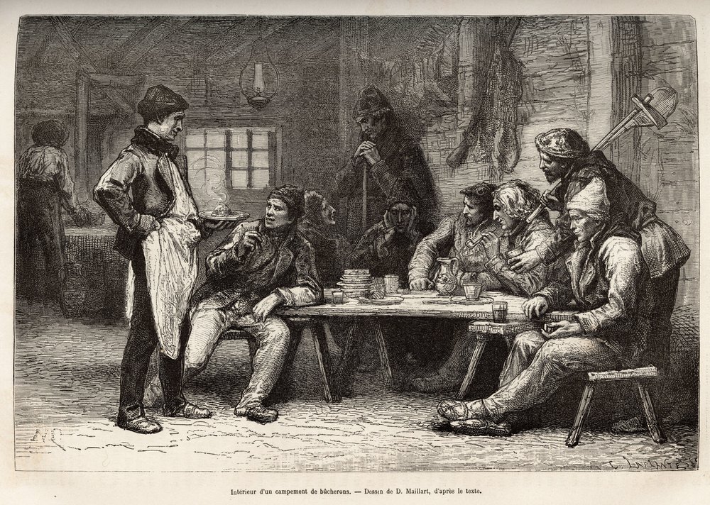 The interior of a woodcutter's camp in Ontario, engraving after a ...