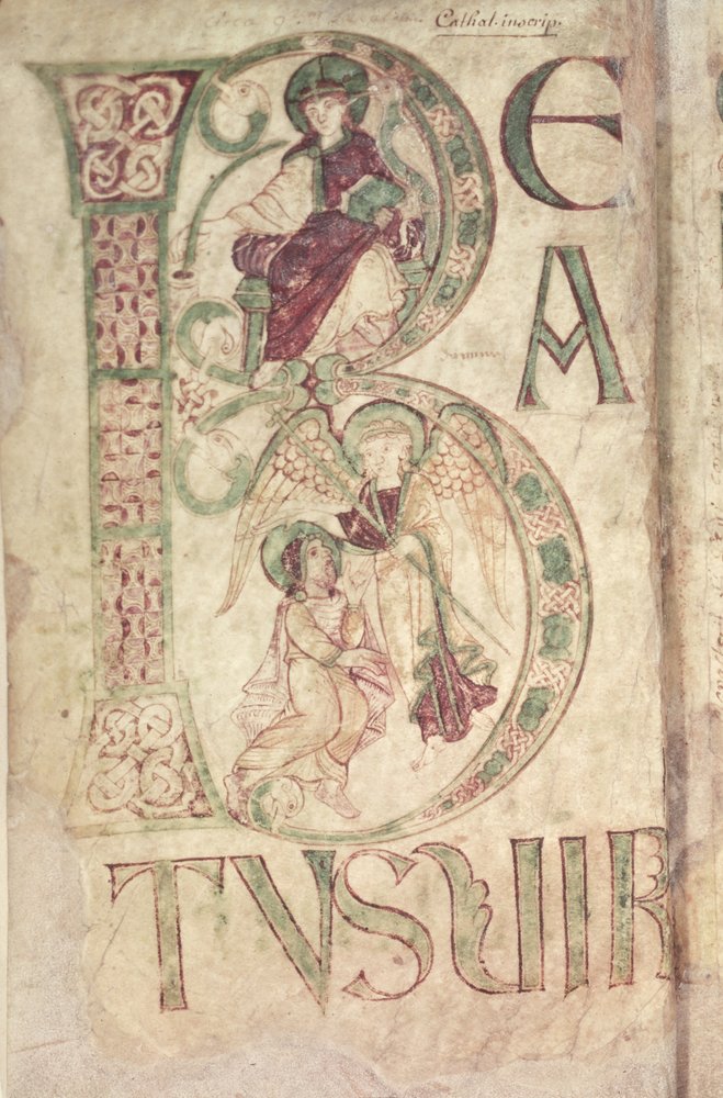 Historiated initial B depicting St. John the Evangelist and an Angel ...