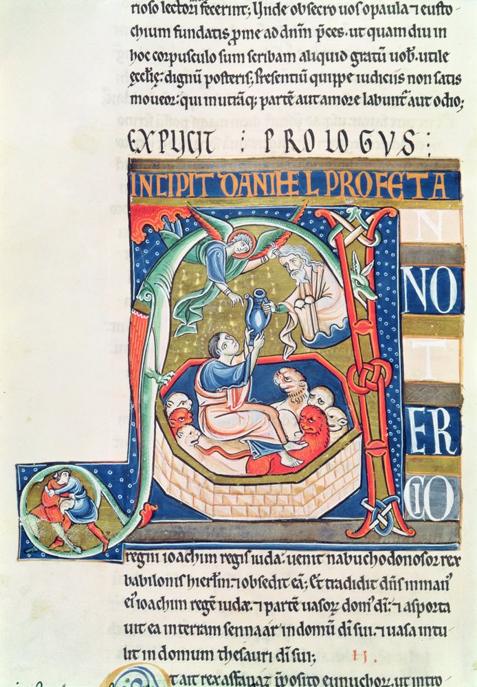 Historiated initial A depicting Daniel in the Lions Den, from the ...