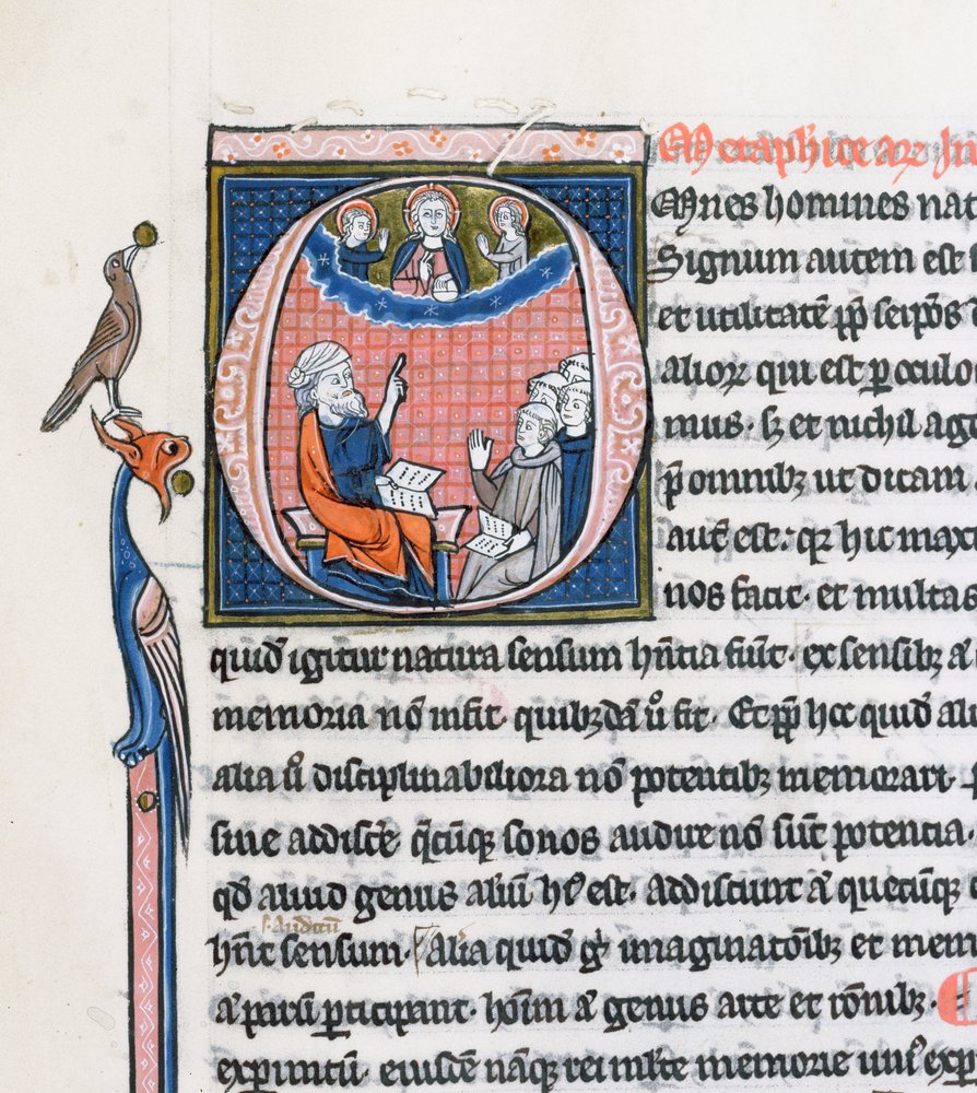 Historiated initial O depicting the ancient Greek philosopher Aristotle ...