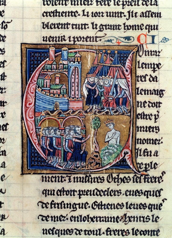 Historiated initial C depicting Conrad III Emperor of Germany and Louis ...