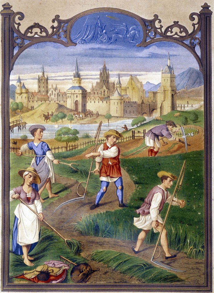 Peasants mowing grass, reproduction of illumination