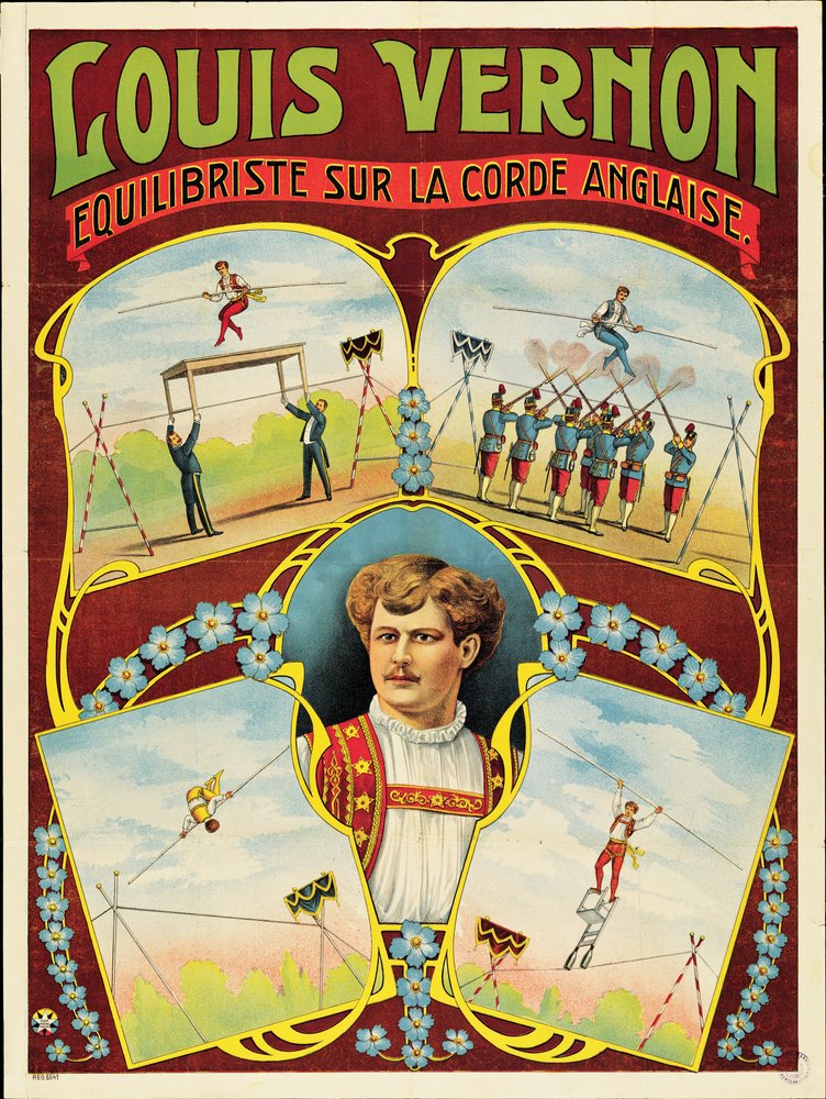 Poster advertising tightrope walking performances by Louis Vernon