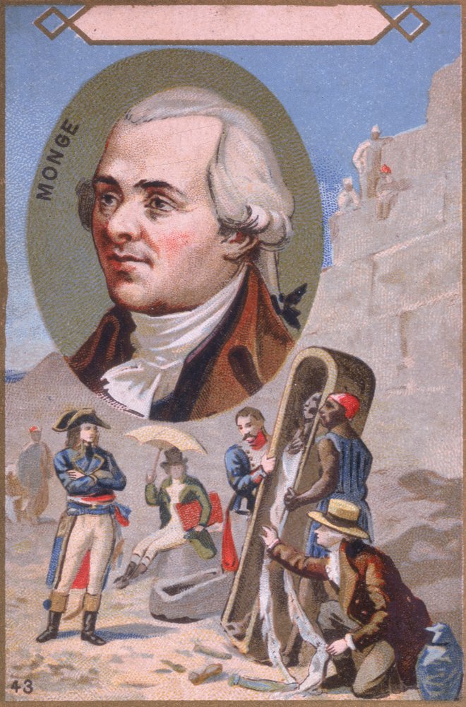 Promotional card depicting Gaspard Monge presenting a mummy to Napoleon ...