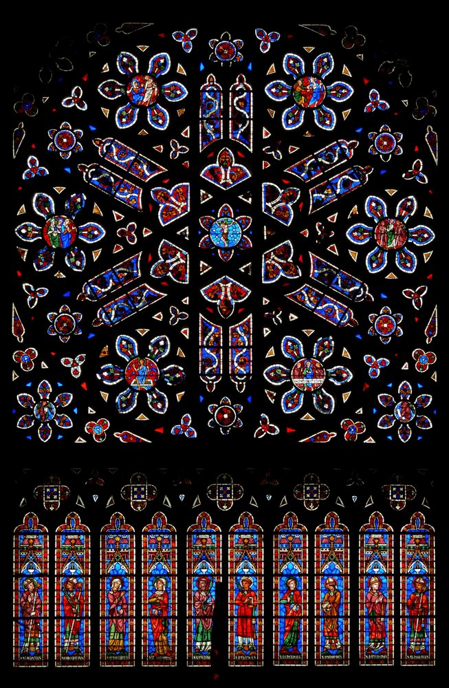 Rose window with the Crucifixion surrounded by scenes from the Resurrection