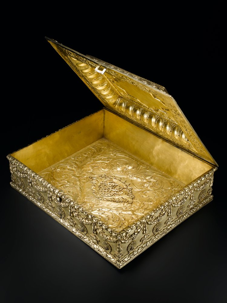 Silver-Gilt Rectangular Casket with Hinged Lid, Stepped in Centre, from ...