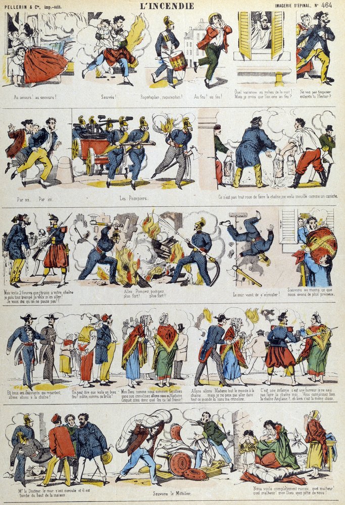 The different stages of a 19th century fire. Picture of Epinal from the 19th century